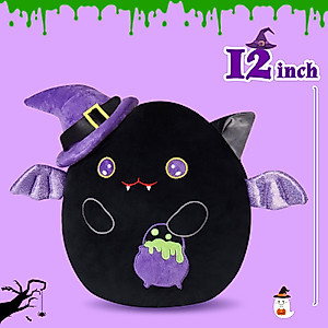 HappySpot Halloween Bat Plush,Black Bat Stuffed Animals with Purple Wizard Hat Witch Cauldron,Cute Halloween Bat Plush Toy,11.8'' Soft Halloween Bat Plushie Pillow Halloween Decoration Gifts for Kids