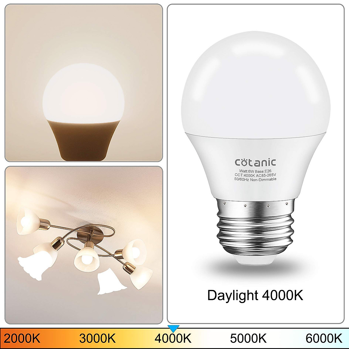 Cotanic A15 LED Bulb, Ceiling Fan Bulbs 6W (60W Equivalent),4000K Natural Daylight,E26 Standrad Base Light,600lm,CRI 80+ LED Globe Shape Bulb,Non-Dimmable,6 Packs