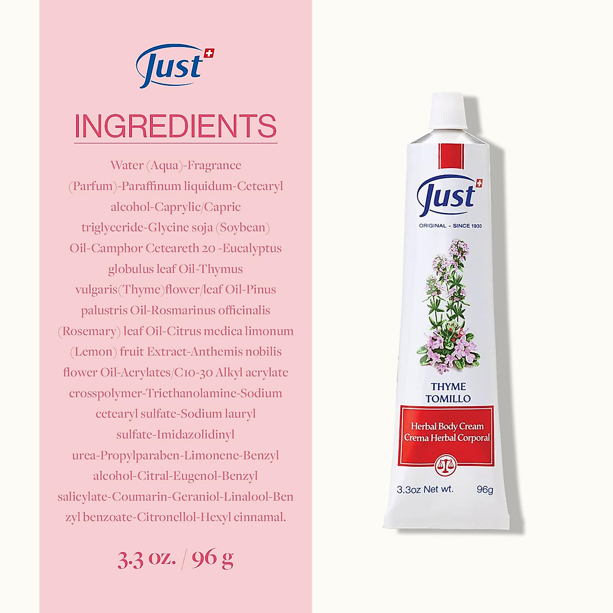 SwissJust Thyme Cream, Thyme Tomillo Cream 60ml. Massage Cream with Camphor Oil, Lemon Eucalyptus Chamomile Essential Oil, Rosemary Oil, Soybean Oil, and Pine Essential Oils.