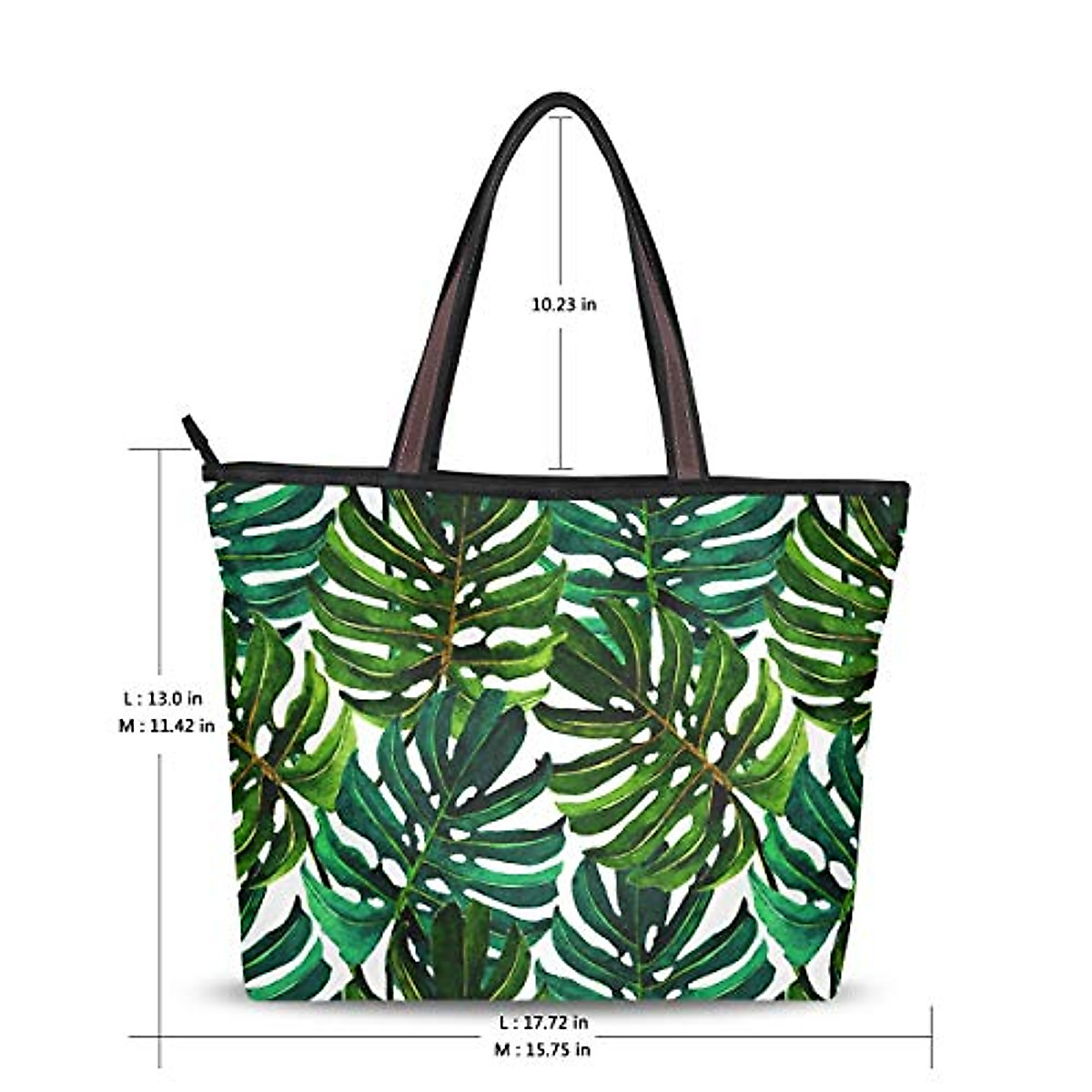 Women Tote Top Handle Shoulder Bags Watercolor Monstera Leaf Large Zip Ladies Handbag