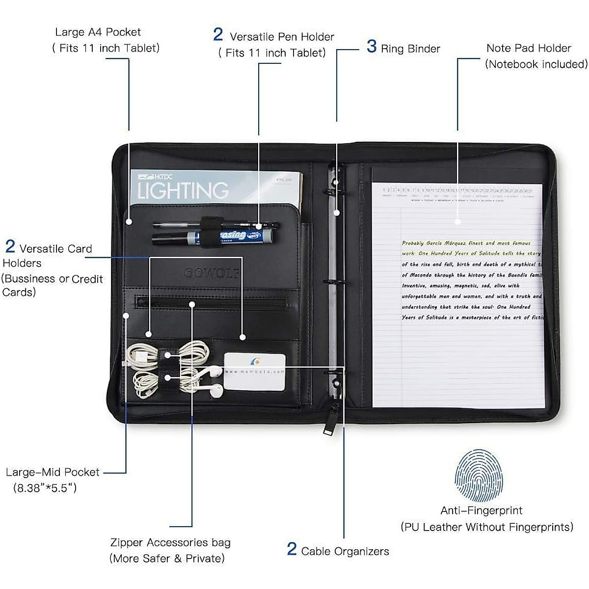 OOWOLF Padfolio Portfolio Folder, PU Leather Professional with Round Ring Binder 8.5 x 11 Inch Writing Pad Tablet Sleeve Interview Resume Document Organizer Business Card Holder Zippered Closure