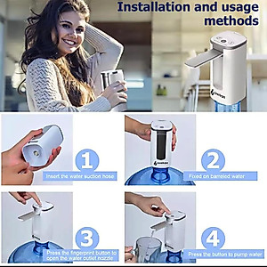 GentleJet Automatic Water Dispenser Pump for 5 Gallon Bottle - Digital Display, Type-C USB Charging, Portable Electric Water Pump, Foldable Spout, Quantitative & Continuous Dispensing (White - Silver)