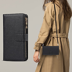 iCoverCase Crossbody Wallet Case for iPhone 12/12 Pro, Black PU Leather Flip Case with Strap, Card Holder, Kickstand, 6.1 Inch