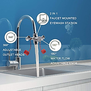 Lunarlipes Faucet Mounted Eyewash Station with Cover, Reliable First AID Emergency Eye Wash Unit for Sink Attachment, for Lab, Factory, Industry Site, Office and Home, Equipped with 4 Adapters