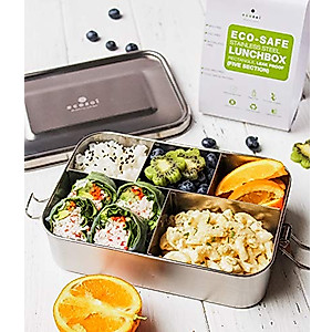 ecozoi Stainless Steel Lunch Box, 1-Tier Metal Bento Box Leak Proof with 5 Compartments, 50 Oz Metal Lunch Container, Meal Prep Food Container, with 50 ml Sauce Container