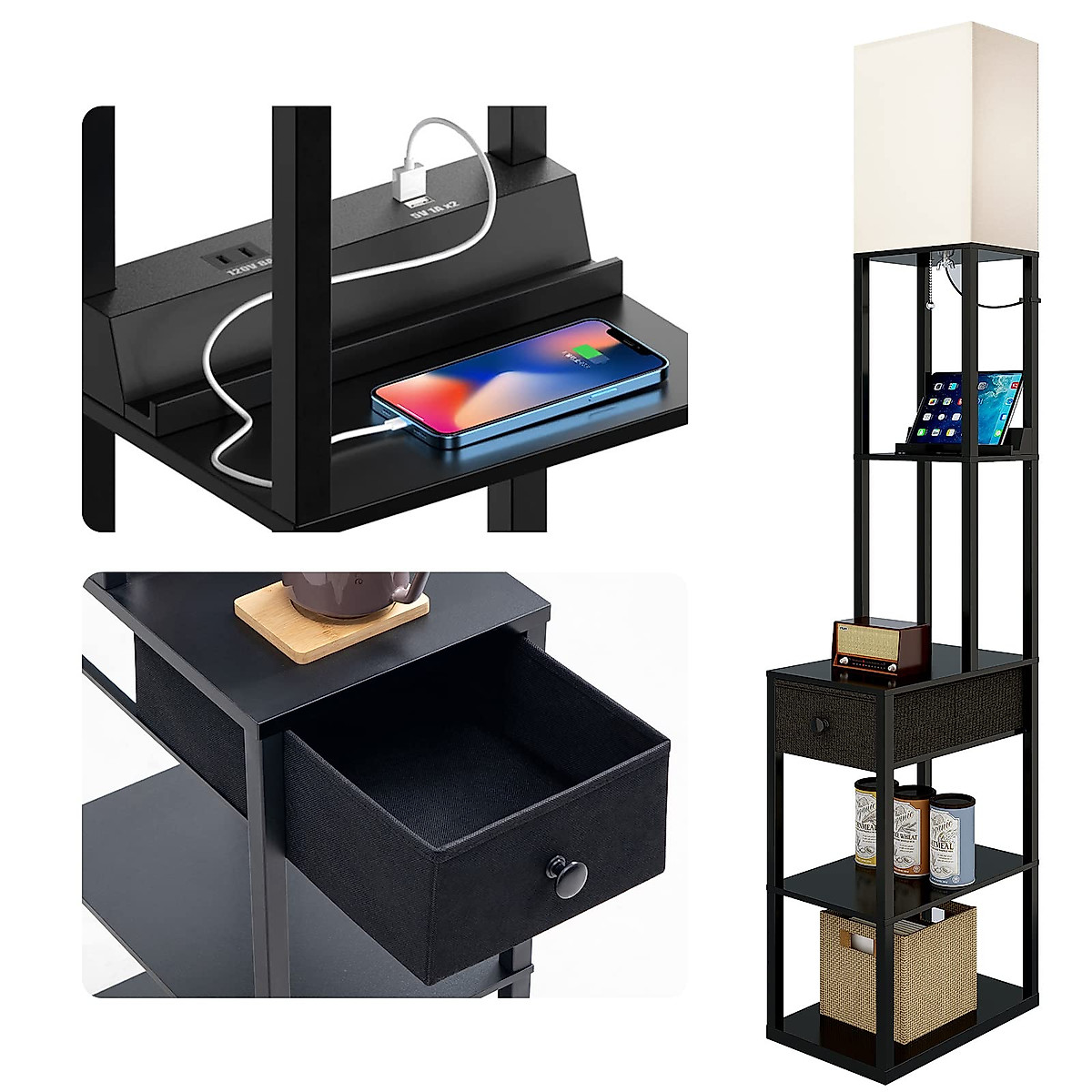 addlon Floor lamp with 2 USB, 1 Outlet and Drawer, 3 Color Temperatures LED Bulb (9W), Sofa lamp with White lampshade, Display Floor lamp with Shelves for Living Room, Bedroom and Office - Black