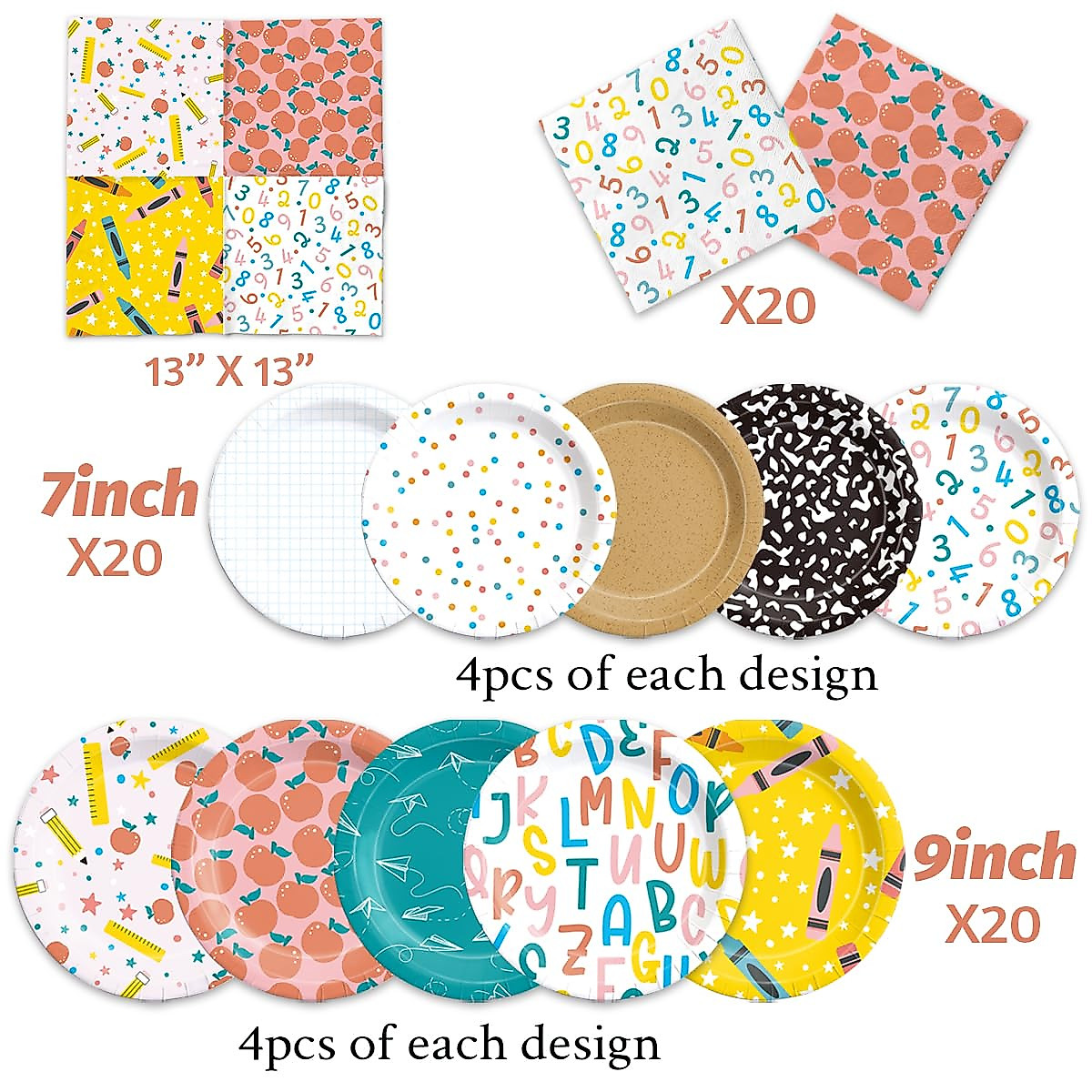 CMUSKO 60Pcs School Plates and Napkins-Back to School Decorations Ruler Apple Alphabet First and Last Day of School Preschool Kindergarten Graduation Tableware Deorations