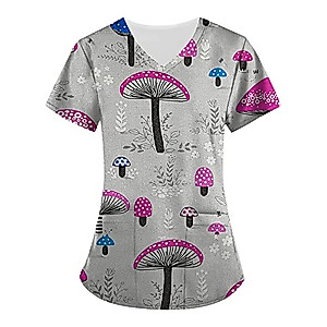 Novelty Working Uniforms Women Cartoon Pattern Mock Neck Short Sleeve Undershirt Plus Size Fleece Pullover Women Gray