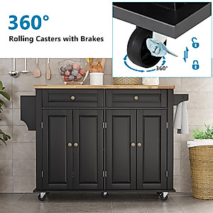 Rolling Kitchen Island with Drop Leaf – Movable Kitchen Carts on Wheels Island with Storage Cabinet, Island Table for Kitchen with Rubber Wood Top and Rack and Drawer, Matte, Black