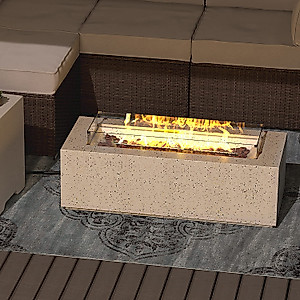 SUNBURY Outdoor 42 Inch Propane Fire Pit Table, Rectangular Fire Table w Glass Wind Guard, 40,000 BTU Spotted White Patio Gas Fire Table Waterproof Cover, Lava Rocks