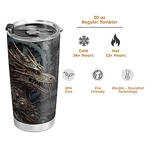 64HYDRO 20oz Steampunk Mechanical Engineer Clockwork Dragon Tumbler, Gaming, Gamer Gifts for Dragon Lovers, Stainless Steel Double Wall Vacuum Insulated Coffee Mug, Travel Cup with Lid - AB