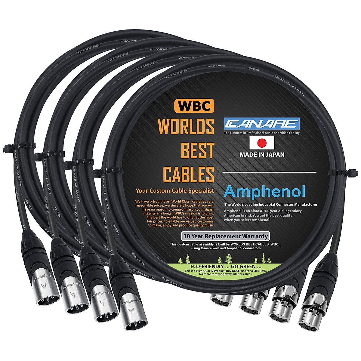 WORLDS BEST CABLES 4 Units - 6 Foot - Canare L-4E6S, Star Quad Balanced Male to Female Microphone Cables with Amphenol AX3M & AX3F Silver XLR Connectors - Custom Made