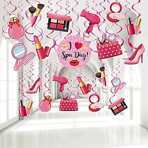 30 Pieces Spa Day Hanging Swirl Decorations, Makeup Party I Love Spa Sign Foil Swirls Ceiling Decor Cutout Card for Girl Women Nail Birthday Theme Party Baby Shower Supplies