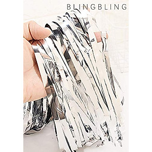 2 Pcs 3.2ft x 8.2ft Shiny Silver Metallic Tinsel Foil Fringe Curtains Photo Booth Backdrop for Birthday Wedding Holiday Celebration Bachelorette Party Decorons (Silver)