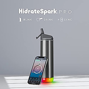 Hidrate Spark PRO Smart Water Bottle – Insulated Stainless Steel – Tracks Water Intake with Bluetooth, LED Glow Reminder When You Need to Drink – Straw Lid, 21oz, Brushed Steel
