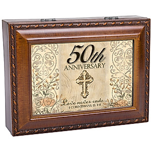 Cottage Garden 50th Anniversary Woodgrain Rope Trim Inspirational Music Box Plays Song Ave Maria