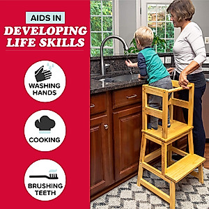Play Platoon Toddler Kitchen Stool - Light Wood Wooden Step Stool Tower for Kids Kitchen Counter Learning, Standing Tower for Kitchen Counter, 3 Heights Adjustable Solid Wood, Non-Slip Mat for Safety