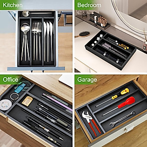 Ayiaren Black Wooden Utensil Tray Best Cutlery Kitchen Drawer Divider Organizer Flatware Tray Wood Cutlery Silverware Drawer Inserts Bamboo Spoon Utensils Storage Organizer