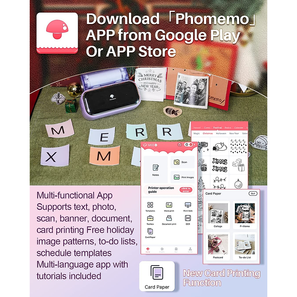 Phomemo M03 Mini Printer, Bluetooth Thermal Printer Mobile Portable Printer for Smartphones, Compatible with 53mm/80mm Thermal Paper, Great for memo,Photo & Notes, Purple