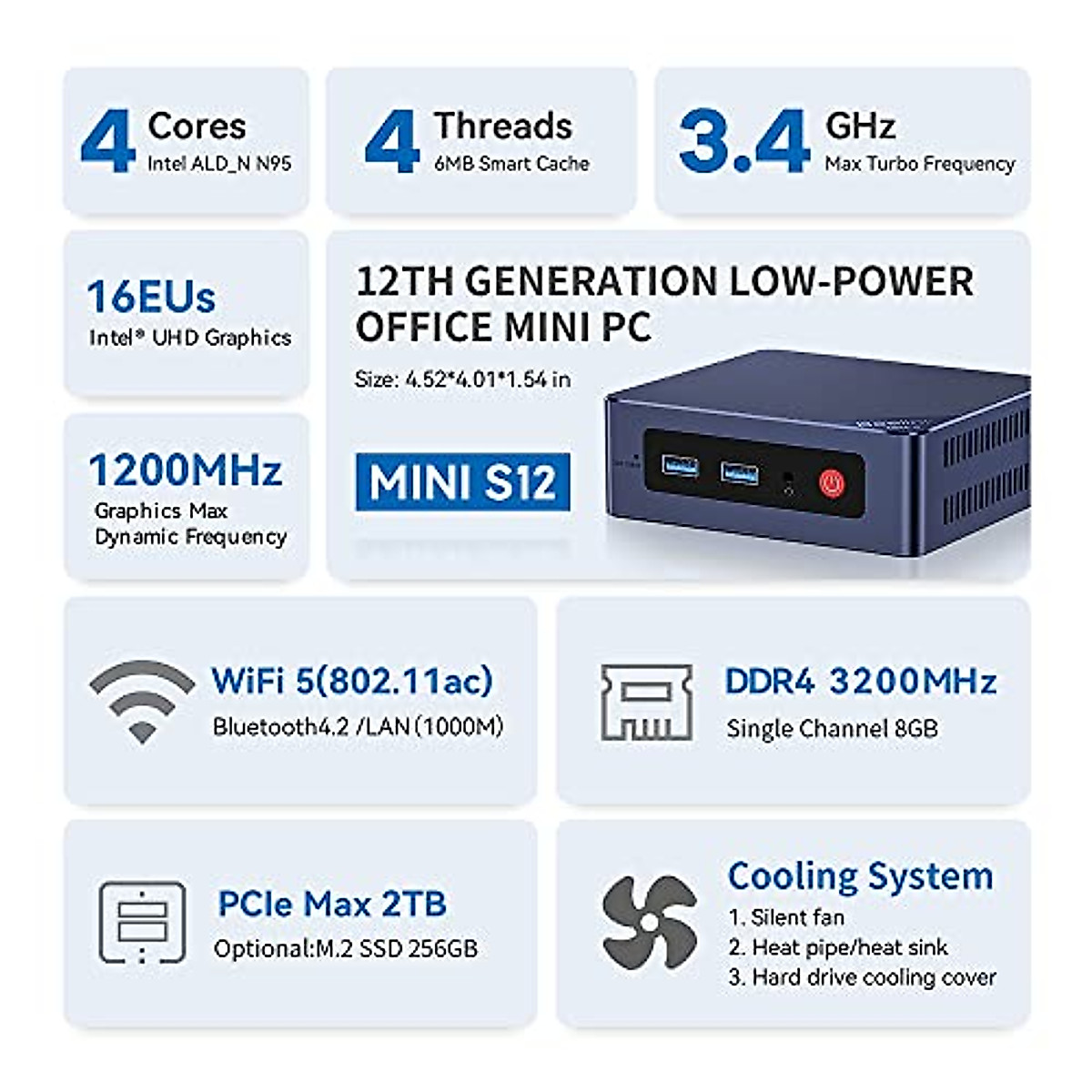 Beelink Mini PC, Mini S12 Intel 12th Gen 4-Core N95(up to 3.4GHz), Mini Computer 16GB DDR4 RAM 500GB SSD, Desktop PC Dual HDMI 4K UHD/Gigabit Ethernet/Dual WiFi5/BT4.2/HTPC/W-11 Pro