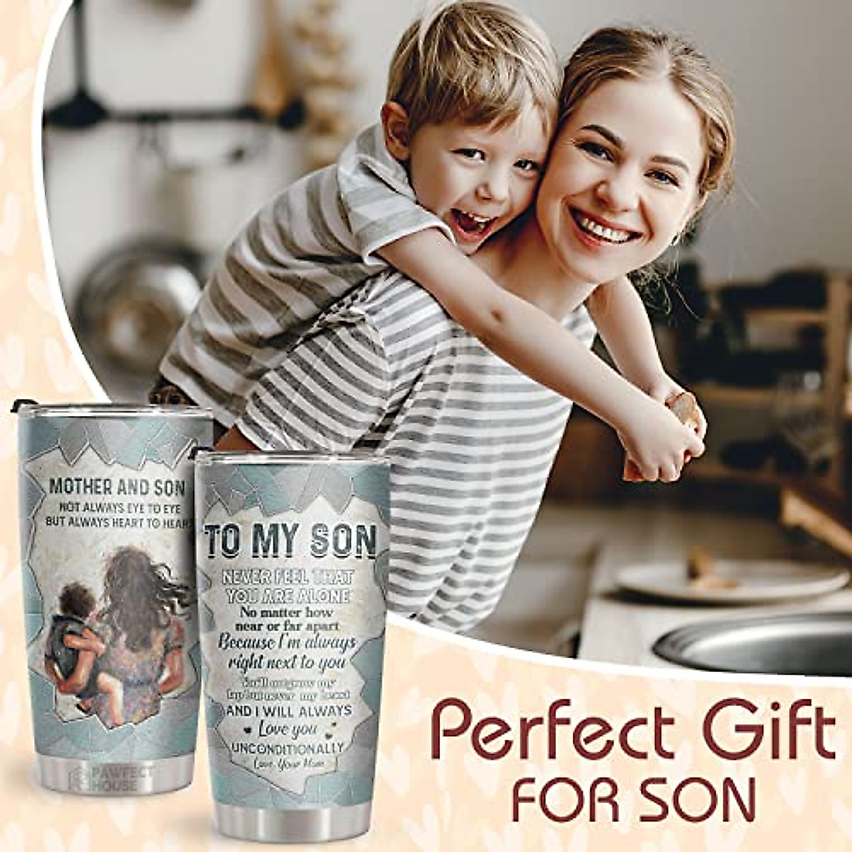 Pawfect House 20oz Stainless Steel Tumbler Gift For Him From Mom - Skinny Tumblers - I'm Always Right Next To You - Best Son Ever Gifts - Mens Gifts Unique Ideas Christmas Birthday Graduation Gifts