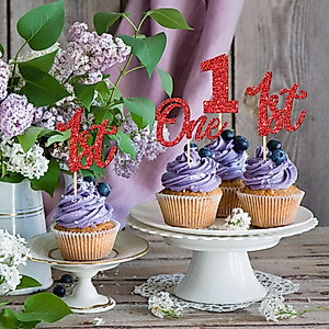 24 PCS One Cupcake Toppers Glitter 1st Birthday Cupcake Picks Number 1 First Birthday One Cake Decorations for Baby Shower Kids 1st Birthday Anniversary Party Supplies Red