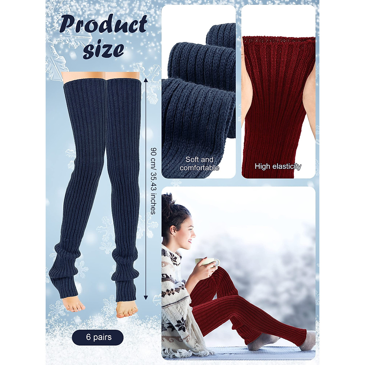 Giegxin 6 Pairs Winter Knee Leg Warmers Women Thick Extra Long Knitted Thigh High Sock Warmers Girls(Black White Dark Grey Light Grey Blue Red)