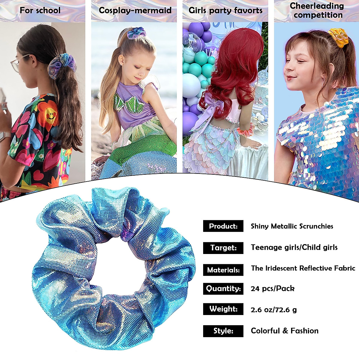 Beauty.H.C Shiny Metallic Scrunchies Elastic Hair Bands Hair Tie Ropes Scrunchy Soft Hair bobbles for Ponytail Holder fasion Hair Scrunchies for Girls Party Favorts 24Pcs