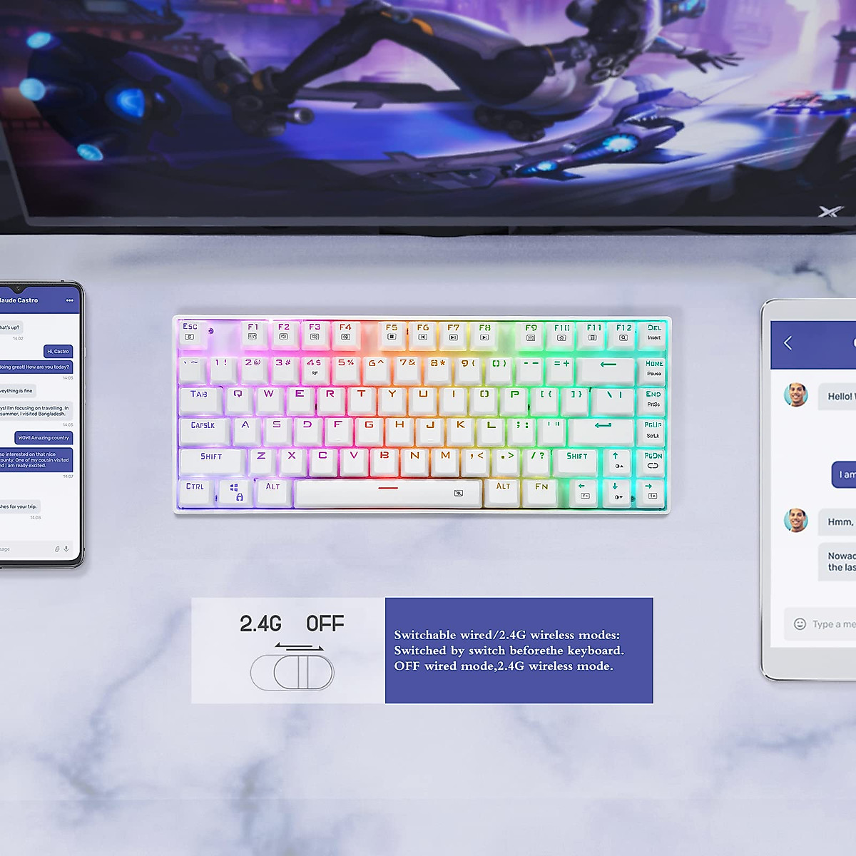 chuangquan Wireless Mechanical Gaming Keyboard, 2.4G/Wired 81 Keys Keyboard, Blue Switches Hotswap, RGB Backlit, High Battery Lasting, for PC Mac