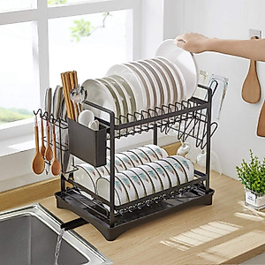 Flaovoth 2 Tier Dish Drying Rack, Dish Drainers for Kitchen Counter Dish Rack with Drying Drainboard, Adjustable Swivel Spout, Cutlery Caddy, Cup Hanging Holder, Spoon Rack and Knife Holder, Black