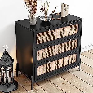 CKLMMC Modern 3-Drawer Chest,Cannage Rattan Closet,Wood Storage Cabinet Sideboard for Bedroom, Living Room, Entryway, Hallway (Black#Rattan*c)