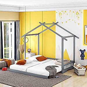 AOCOROE House Bed Frame Twin/King Bed Frame for Boys and Girls, Wood Extending Twin to King Extendable Playhouse-Design Montessori Floor Bed Platform Bed Frame with Trundle