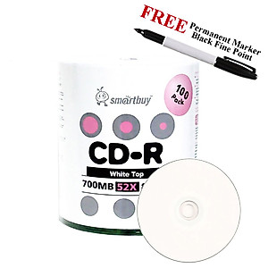 Smartbuy 100-disc 700mb/80min 52x CD-R White Top Blank Media Record Disc + Black Permanent Marker