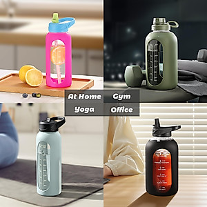 CIVAGO 64 oz Glass Water Bottle Jug with Straw and Handle, Half Gallon Sports Motivational Water Bottle with Time Marker, Wide Mouth Flask Canteen with Silicone Sleeve for Gym, Black