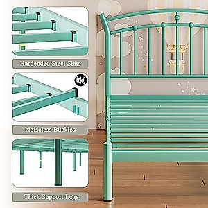 Feonase Twin Size Metal Platform Bed Frame with Retro Headboard, Hardened Steel Tube, 12" Under-Bed Storage, No Box Spring Needed, Easy Assembly, Mint Green