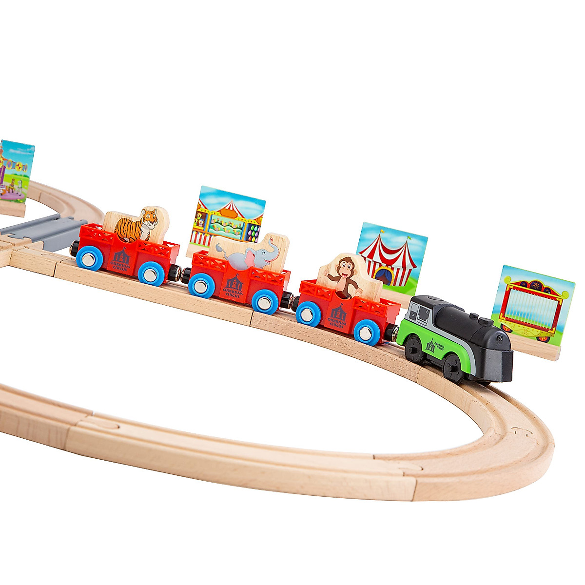 ORBRIUM 41 Pcs Battery Operated Motorized Light and Sound Circus on Wooden Railway Figure 8 Train Set Compatible with Thomas, Brio, Chuggington, Melissa & Doug