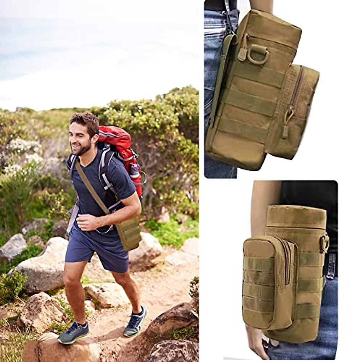 Vacuum Insulated Bottle with Cup and Bag, 16.9oz Stainless Steel Coffee Thermos for Hot and Cold Drinks, Thermos Flask for Hiking, Biking, Camping, Travel, Car, Home and Office (Khaki)