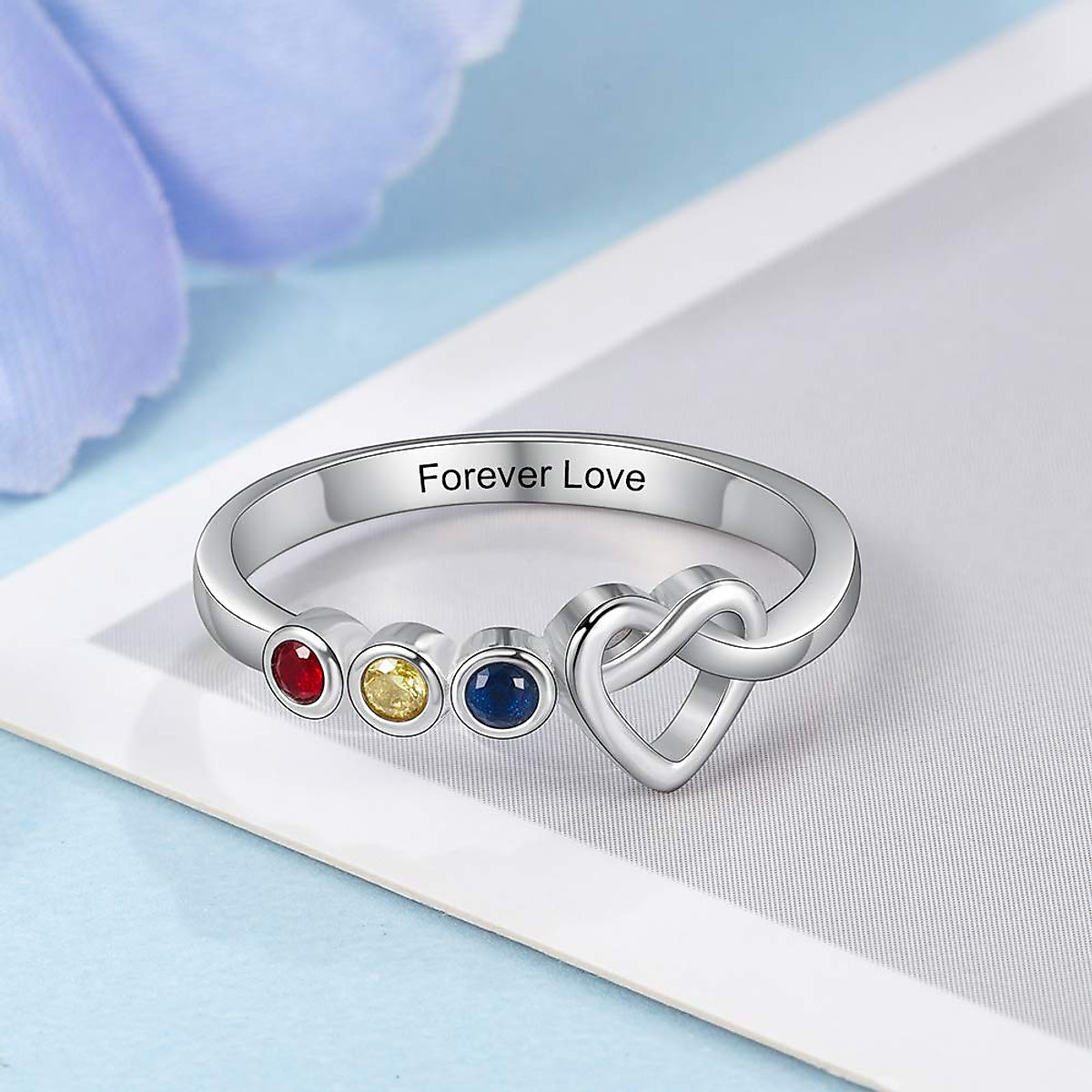 Ashleymade Personalized Name Mothers Rings with 2-4 Simulated Birthstones Promise Rings for Her Customized Best Friend Rings for Women Girls (3 Names, 9)