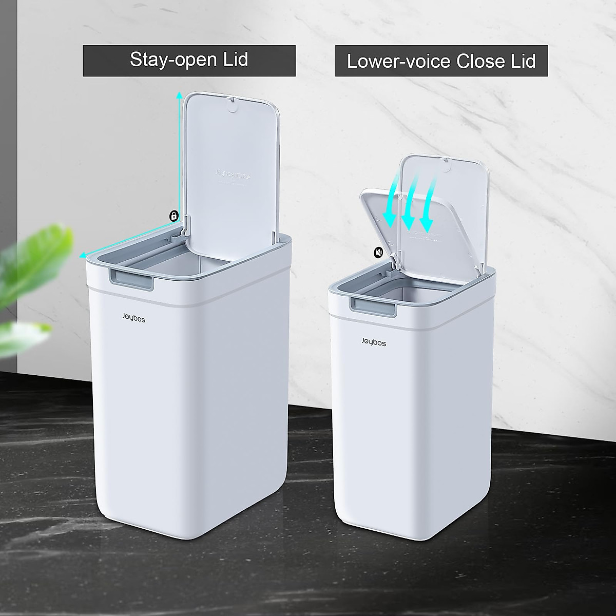 funest Bathroom Trash Can with Lid, 2 Pack Small Garbage Can for Bedroom with Pop-Up Lid, S01 Dog Proof Trash Bin, Plastic Wastebasket for Office, Living Room (3.6 Gal with Lid + 2.4 Gal with Lid)