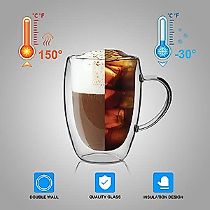 LIBWYS 6 Pack Double Walled Coffee Cups Glasses Mugs, 12oz Espresso Cappuccino Latte Tea Cups with Handle, Heat Resistant Borosilicate Clear Glasses 350ml