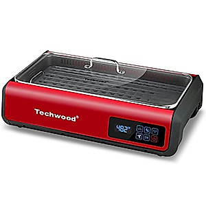 800R double Indoor Smokeless Grill Techwood 1500W Electric Grill with Tempered Glass Lid & LED Smart Control Panel, 8-Level Control Korean BBQ Grill, Red