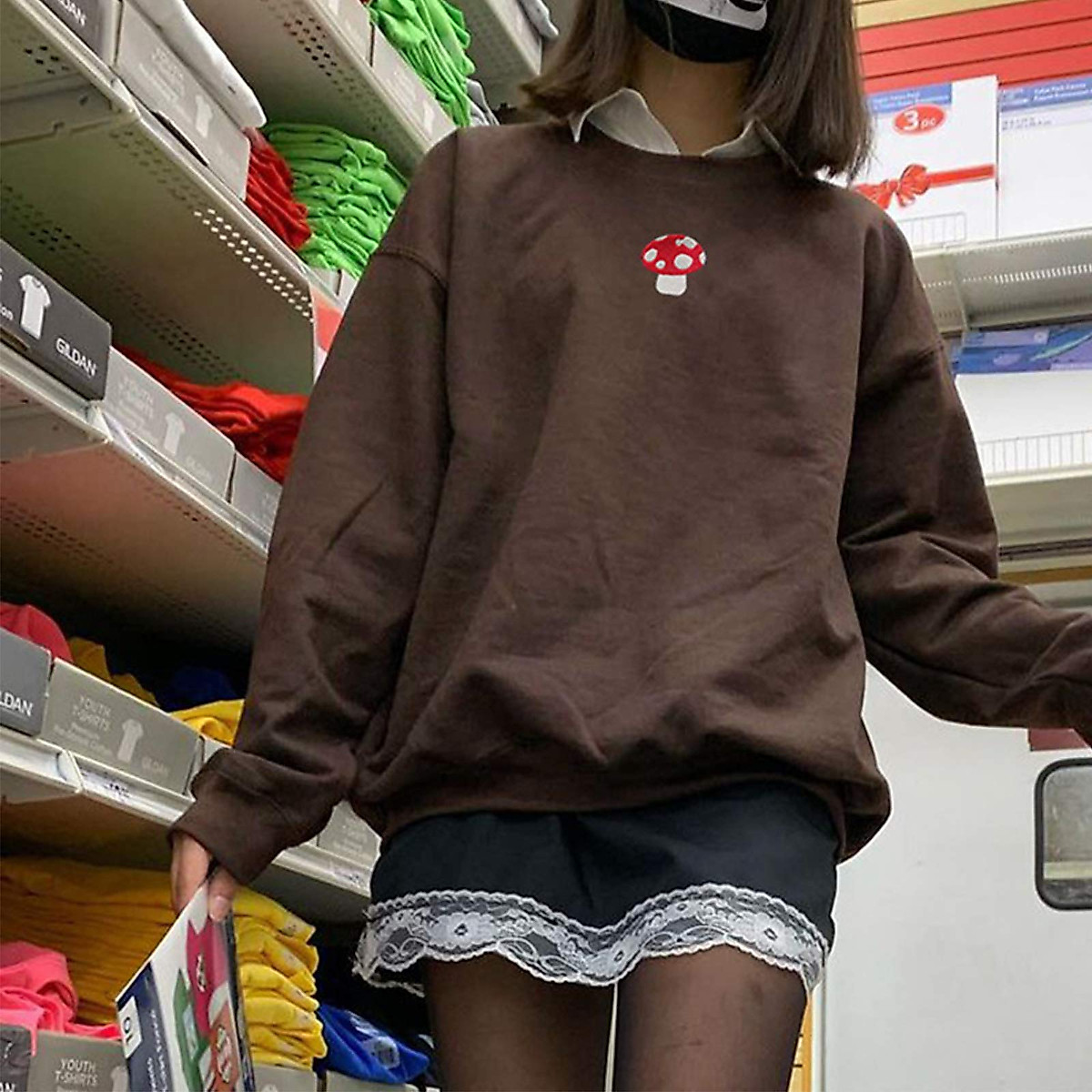 Women Long Sleeve Mushroom Embroidery Casual Oversized Crewneck Pullover Sweatshirt Tops Brown