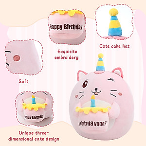 MILEGI 12’’ Happy Birthday Cake Cat Plush Pillow, Cat Stuffed Animal with Stereo Cake, Happy Birthday Plush Toy Cute Cat Plushie Doll, Home Room Decoration Pink Birthday Gifts for Girls Boys Kids