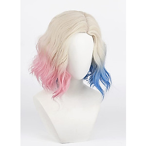 NiceLisa Blonde Short Wave Curly Enid Sinclair Wigs with Pink Blue Hair Women Girls Modern Anime Cosplay Wig Daily Wear Wigs