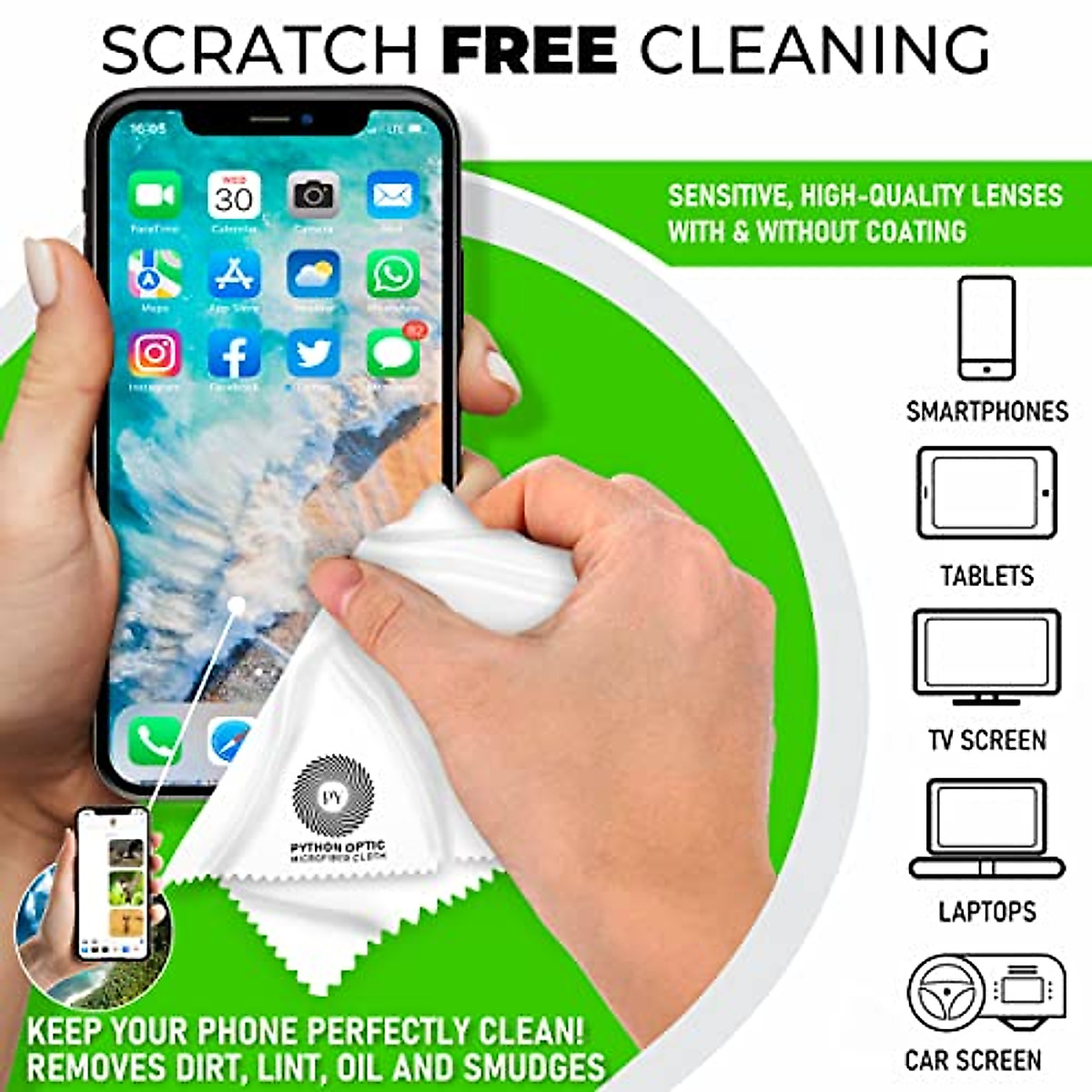 Python Premium Cloth for High Definition Lenses, Glasses, Screens and Expensive Optics - Large Scratch-Free Cleaning & Polish Cloth 12x16in