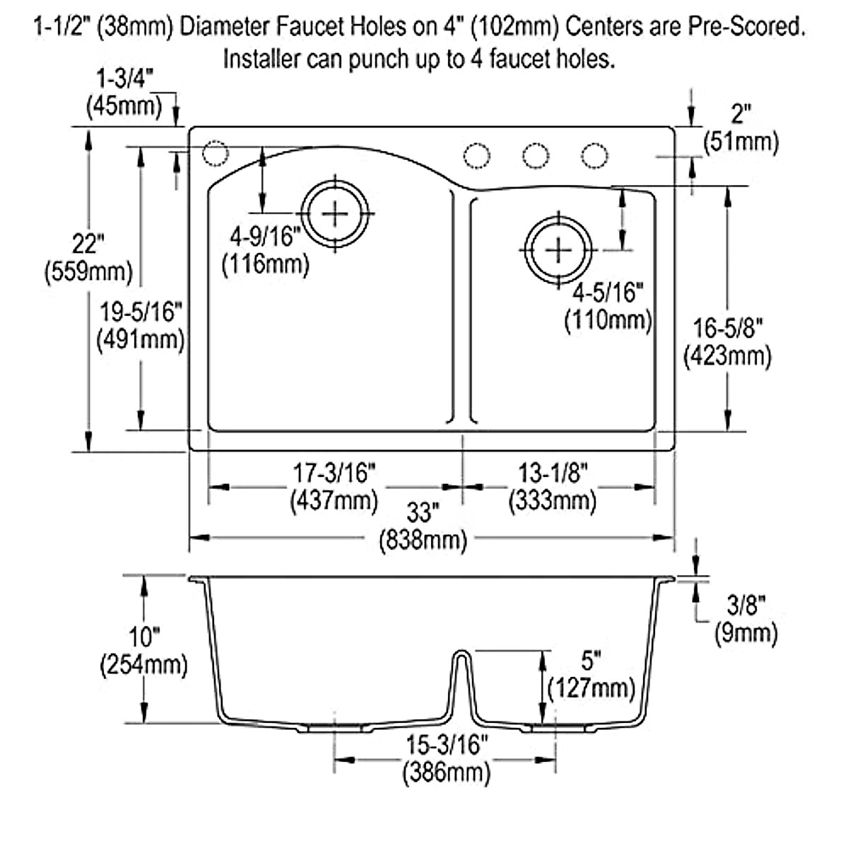 Elkay Quartz Classic ELGH3322RBK0 Black Offset 60/40 Double Bowl Top Mount Sink