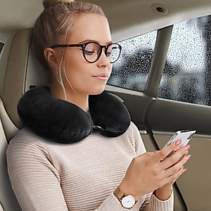 urnexttour Travel Neck Pillow Airplane, Soft Memory Foam Support Head Neck Chin, with Removale Cover and Adjustable Snap Button, Comfortable Sleeping in Plane Car Train Traveling Office Home, Black