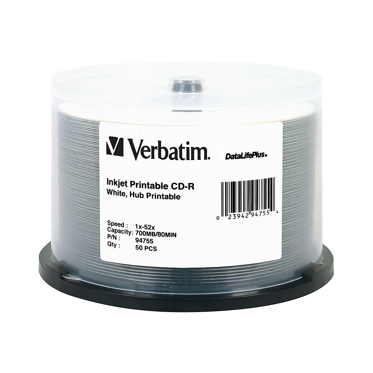 Verbatim CD-R 700MB 52X DataLifePlus White Inkjet Printable, Hub Printable - 50pk Spindle - 94755
