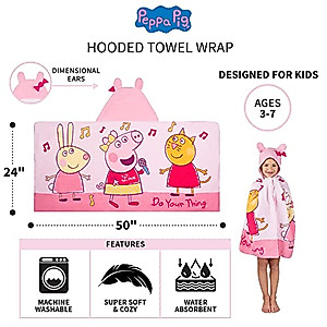Franco Peppa Pig Kids Bath/Pool/Beach Soft Cotton Terry Hooded Towel Wrap, 24 in x 50 in
