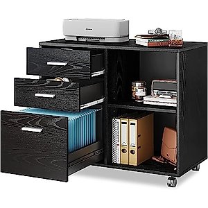 DEVAISE 3-Drawer Wood File Cabinet, Mobile Lateral Filing Cabinet, Printer Stand with Open Storage Shelves for Home Office, Black